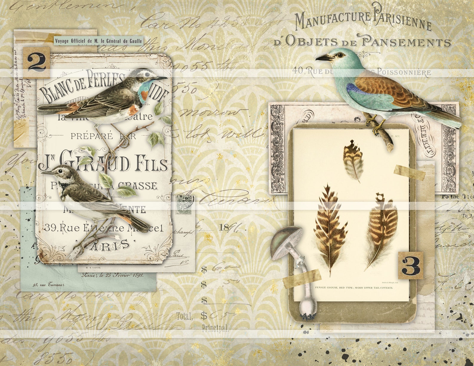 Vintage Birds Junk Journal Pages, Printable Papers, Journal Supplies ...
