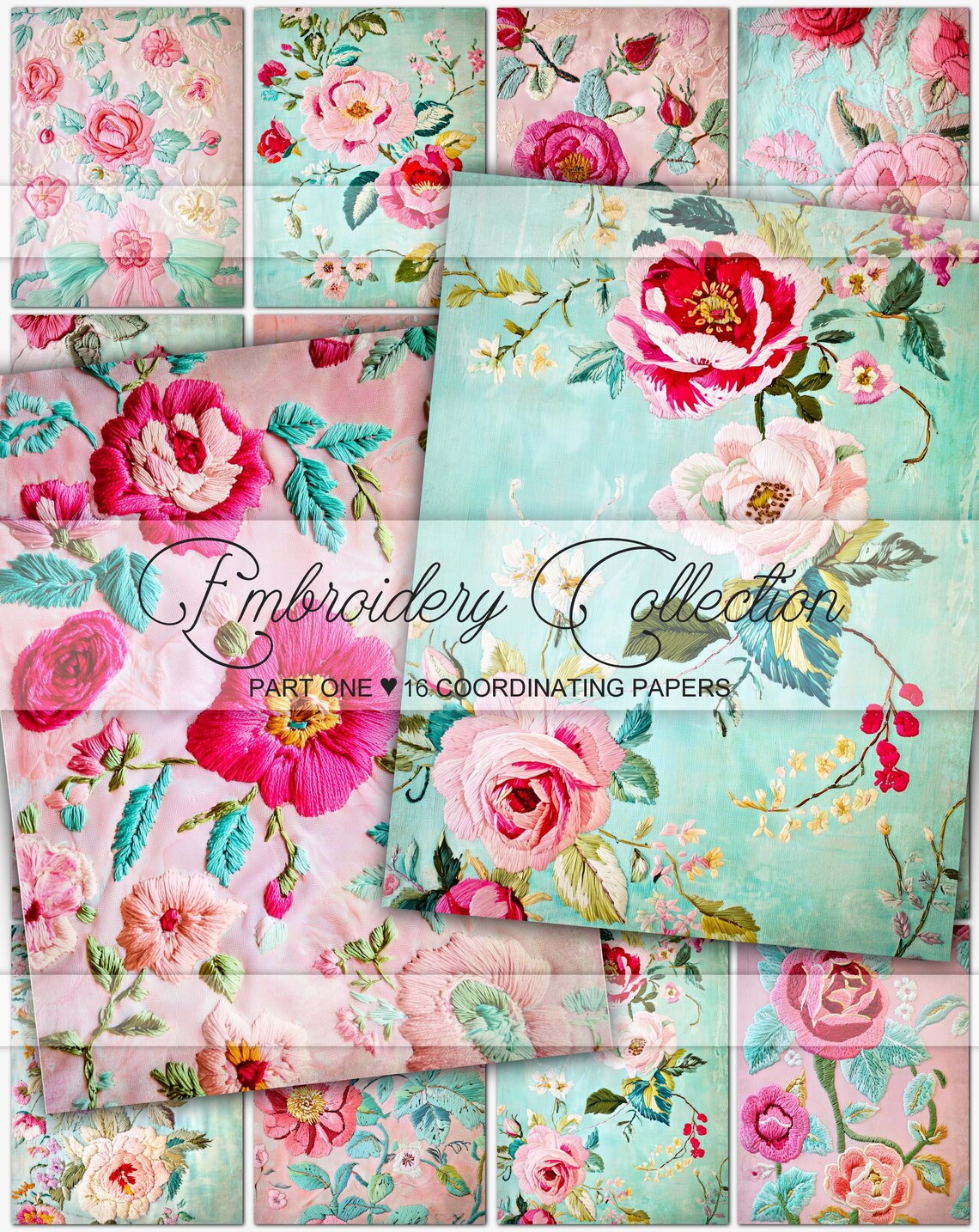 Floral Embroidery, Printable Paper, Embroidered Flowers, Digital Papers ...
