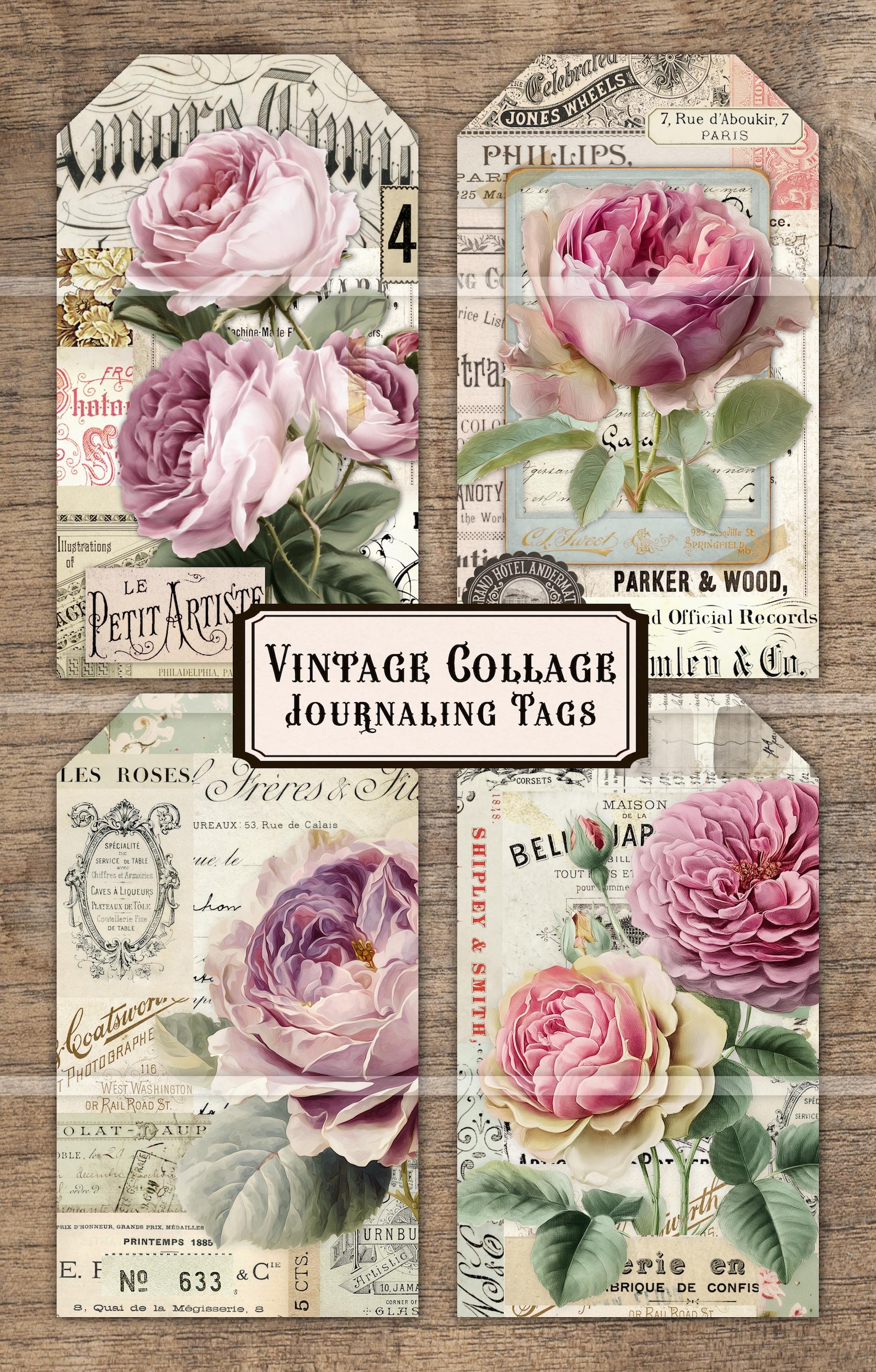 Vintage Collage Journaling Tags, Digital Junk Journal Printable, Birds ...