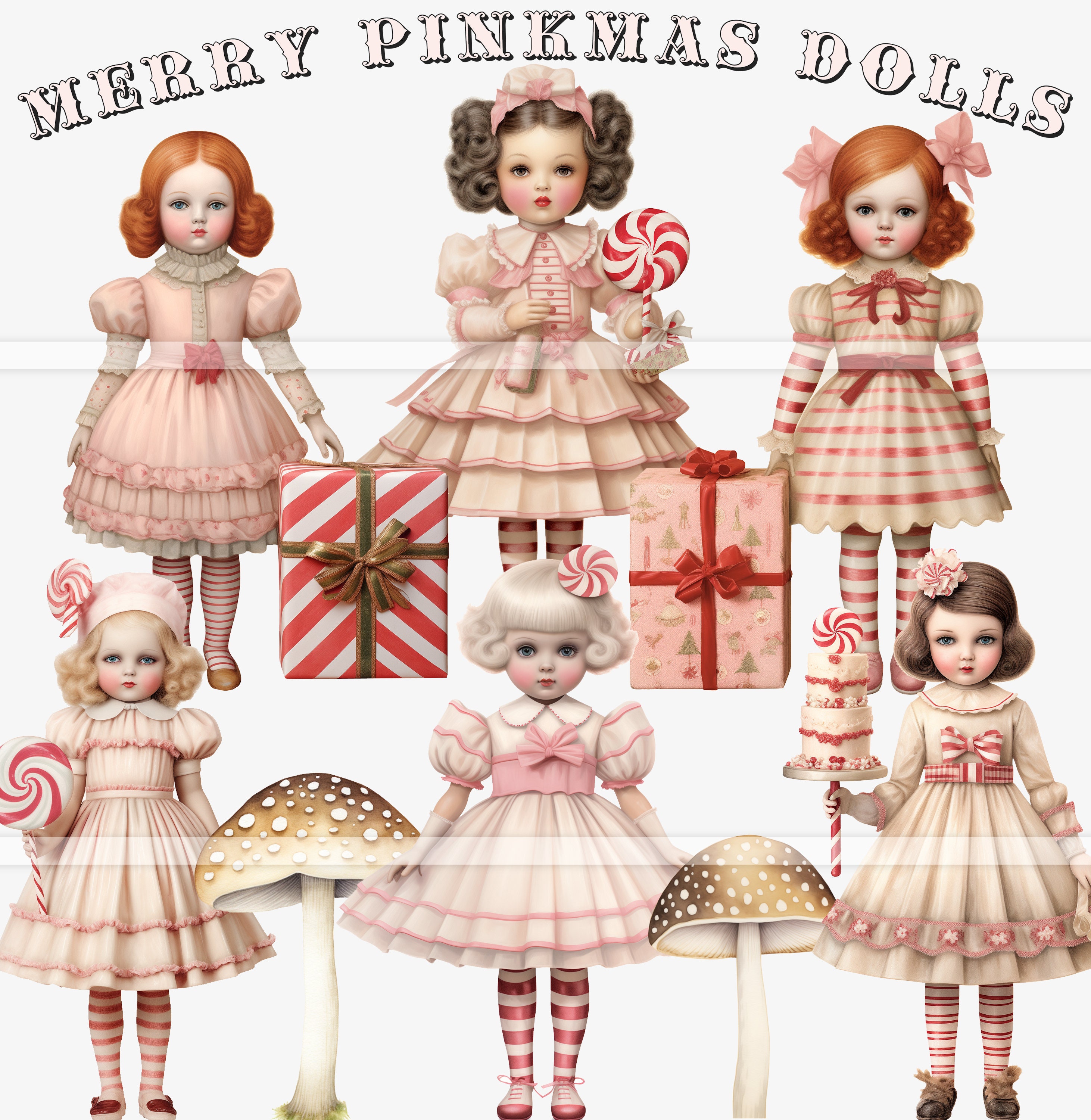 Merry Pinkmas Christmas Printable, Vintage Dolls, Junk Journal Kit ...