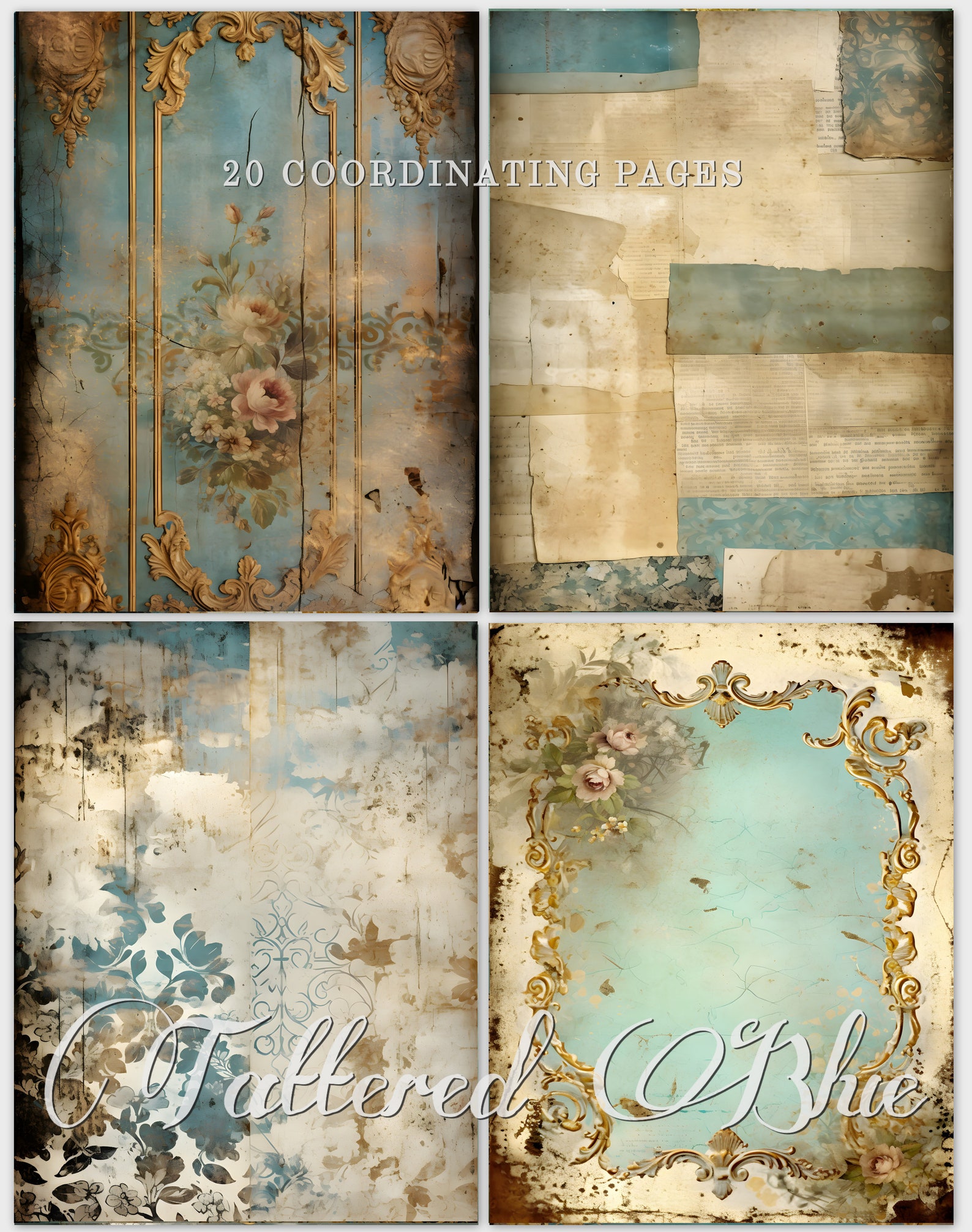 Tattered Blue Junk Journal Kit, Digital Papers, Blue Printable Journal ...