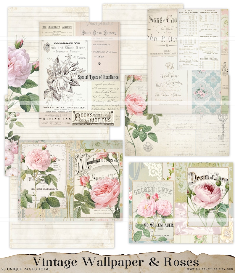 Printable Vintage Wallpaper, Junk Journal Wallpapers, Shabby Chic Rose ...