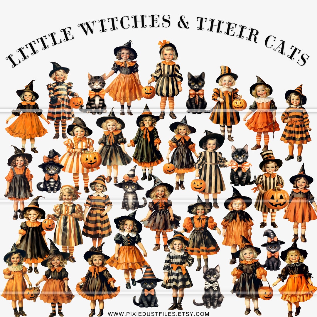 Halloween Little Witch Clip Art, Vintage Girls, Black Cats, Junk ...