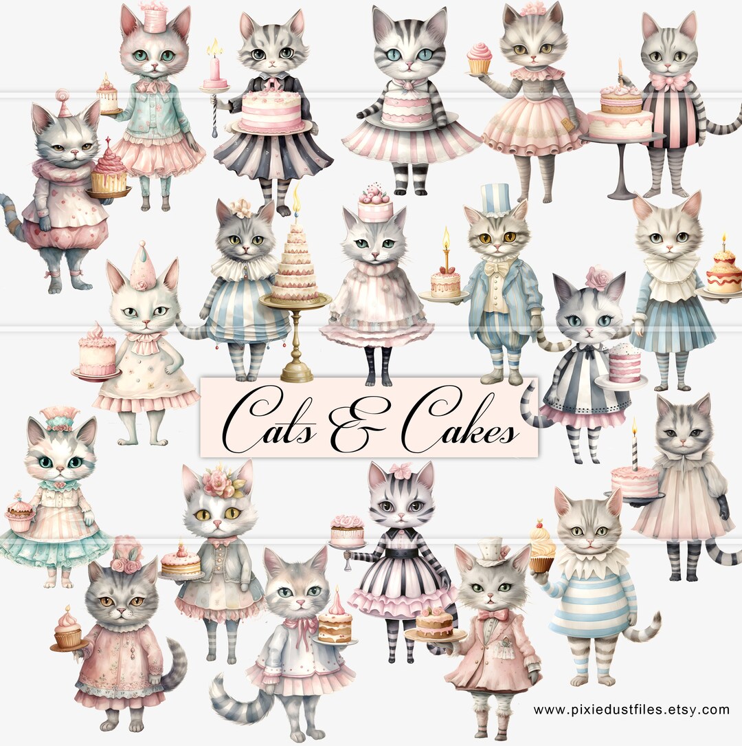 Cats and Cakes Printable Paper Dolls, Digital Junk Journal Ephemera ...