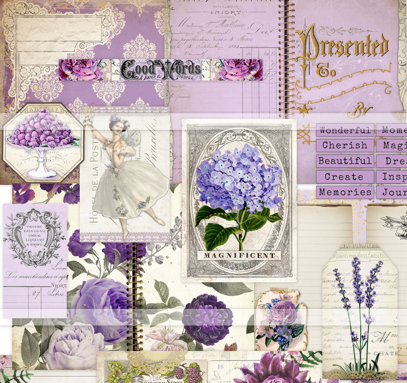 Purple Junk Journal Printable Digital Kit, Lines Pages Papers, Purple ...