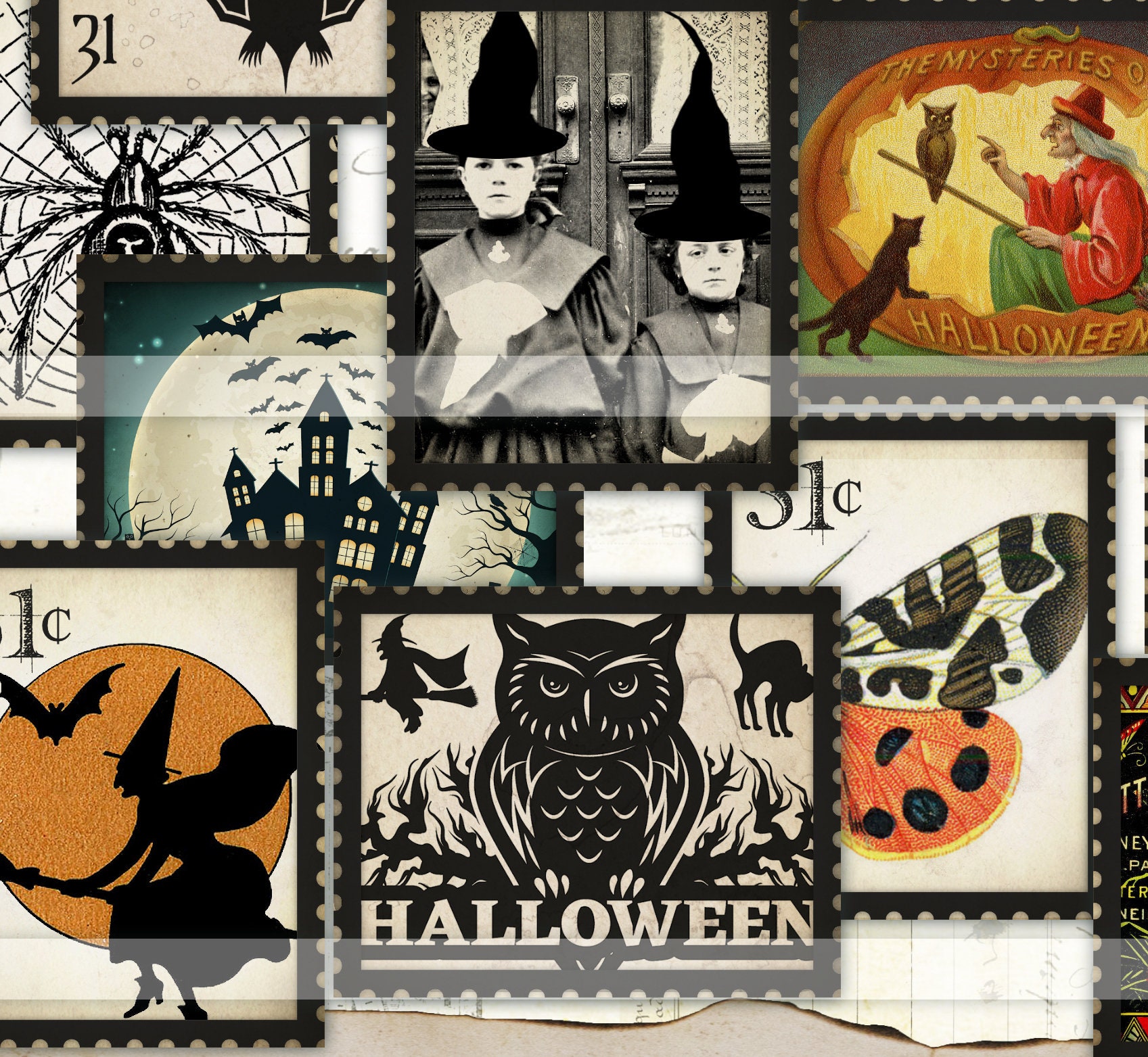 Halloween Printable Faux Postage Stamps, Junk Journal Digital Kit ...