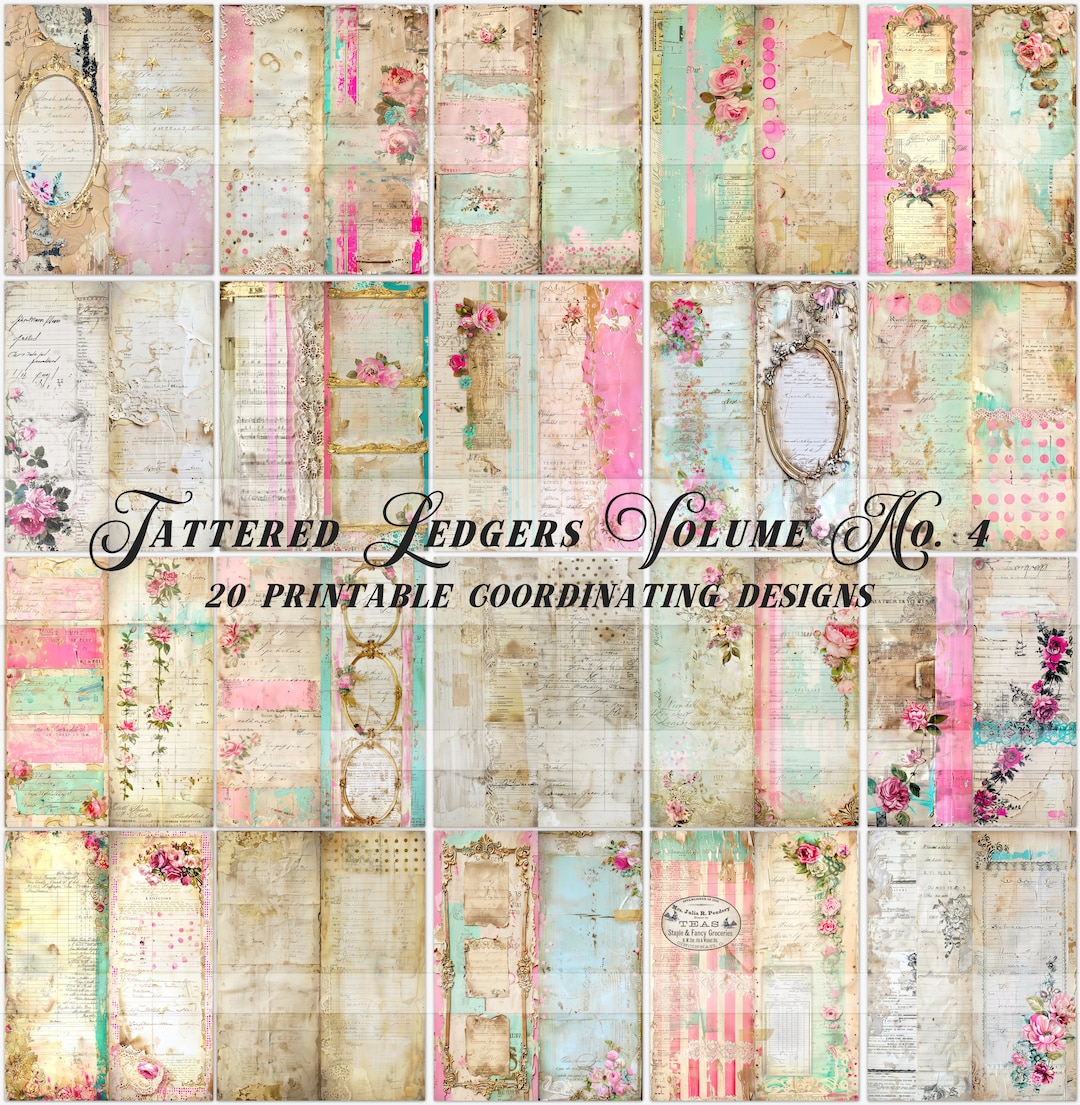 Printable Tattered Antique Ledger Papers, Pink Junk Journal Pages ...