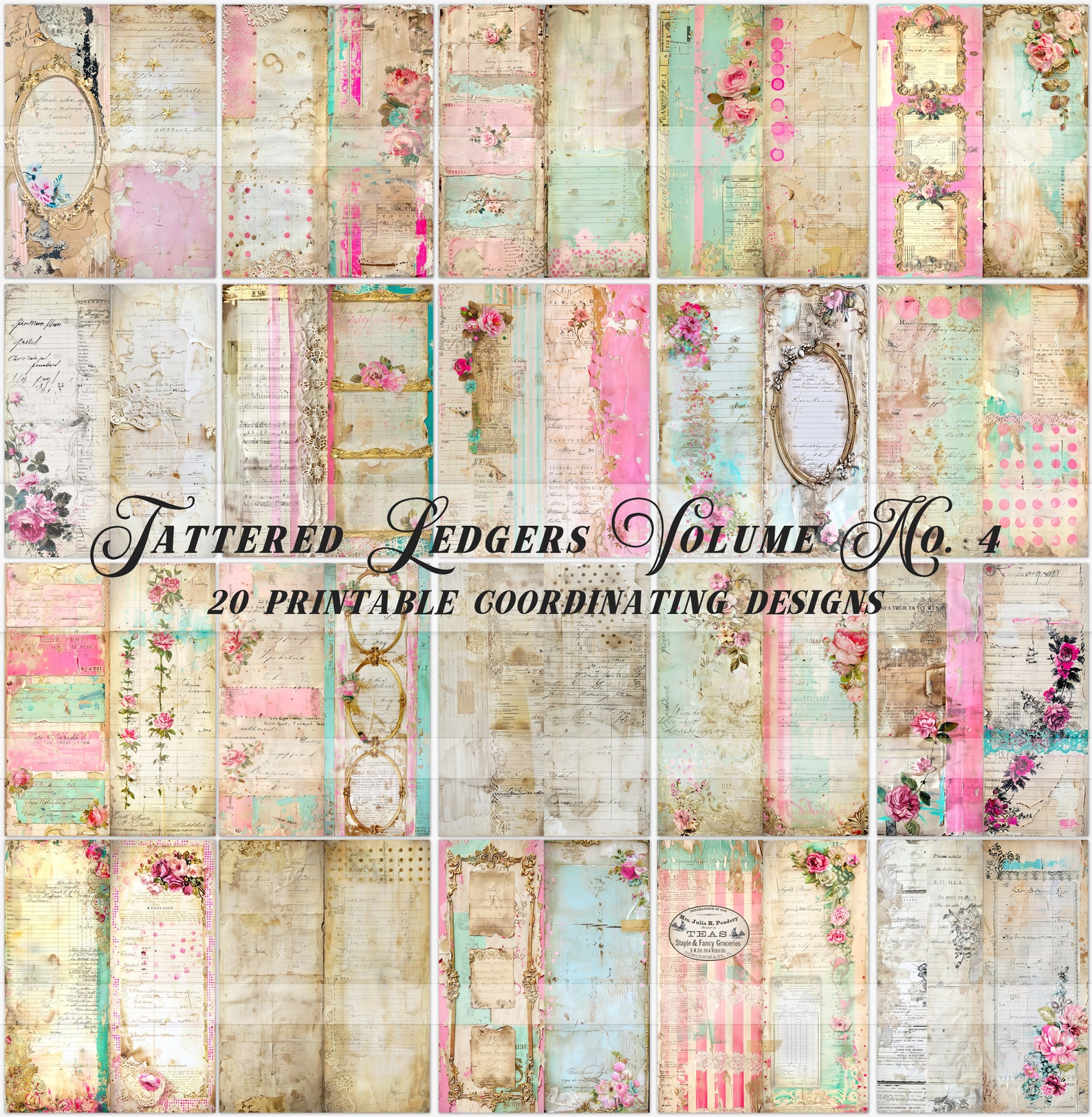 Printable Tattered Antique Ledger Papers, Pink Junk Journal Pages ...