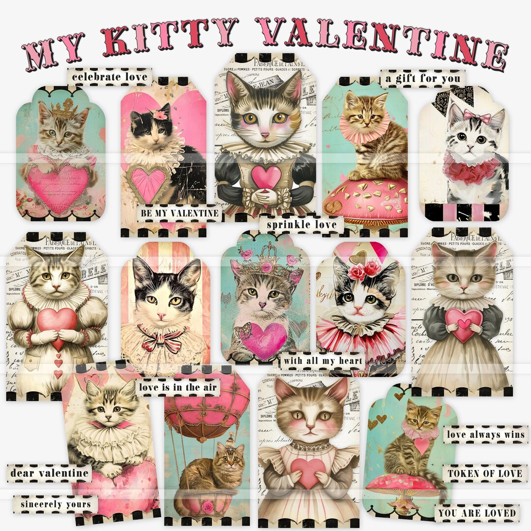 Printable Valentine's Day Gift Tags, Vintage Kitty Cat Junk Journal ...