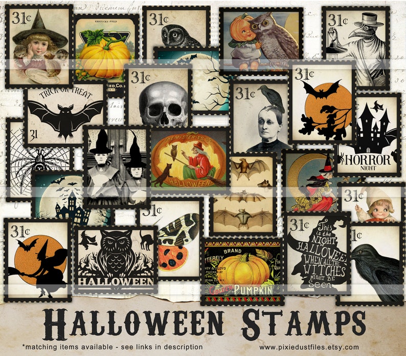 Halloween Printable Faux Postage Stamps, Junk Journal Digital Kit ...