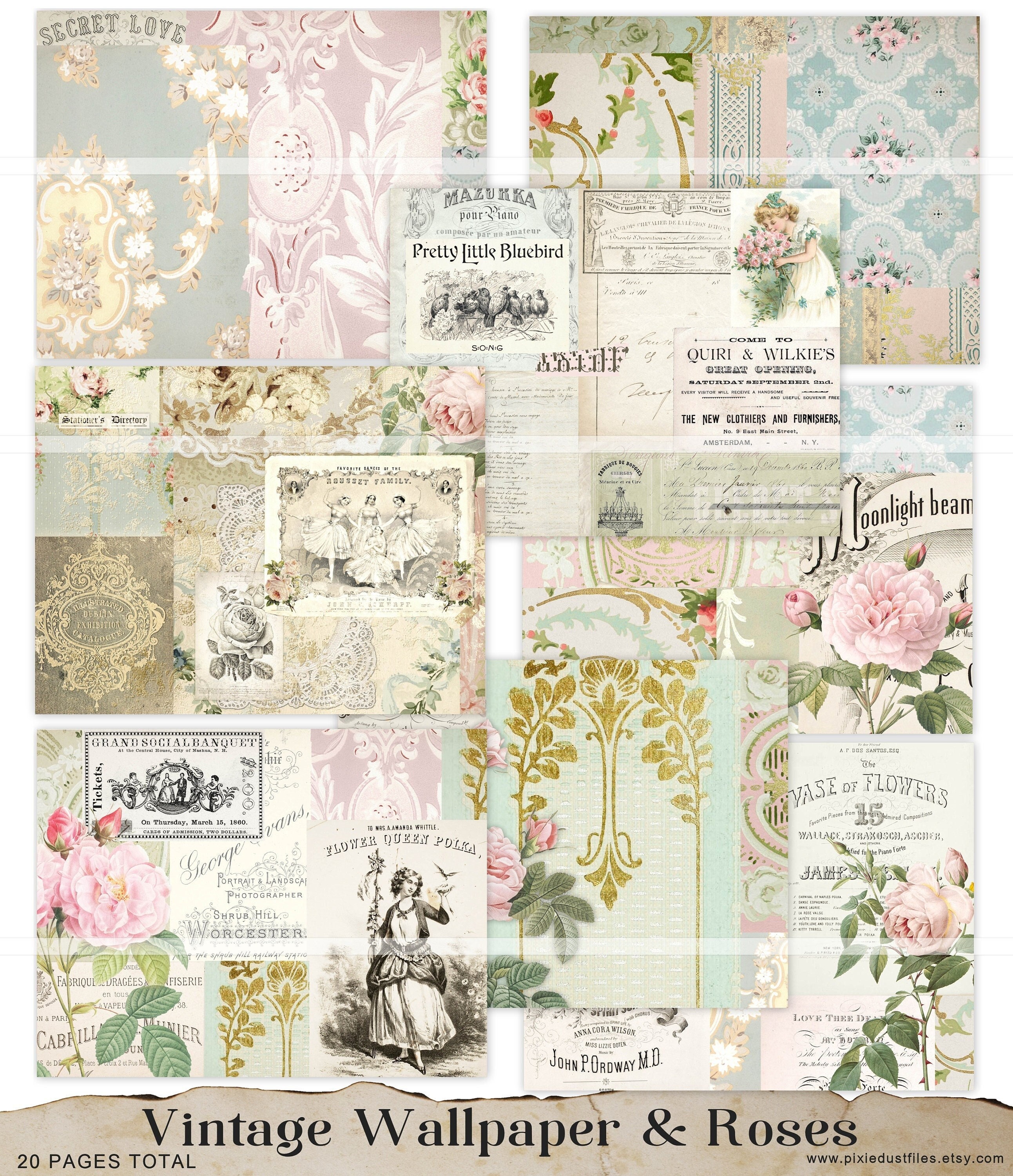 Printable Vintage Wallpaper, Junk Journal Wallpapers, Shabby Chic Rose ...
