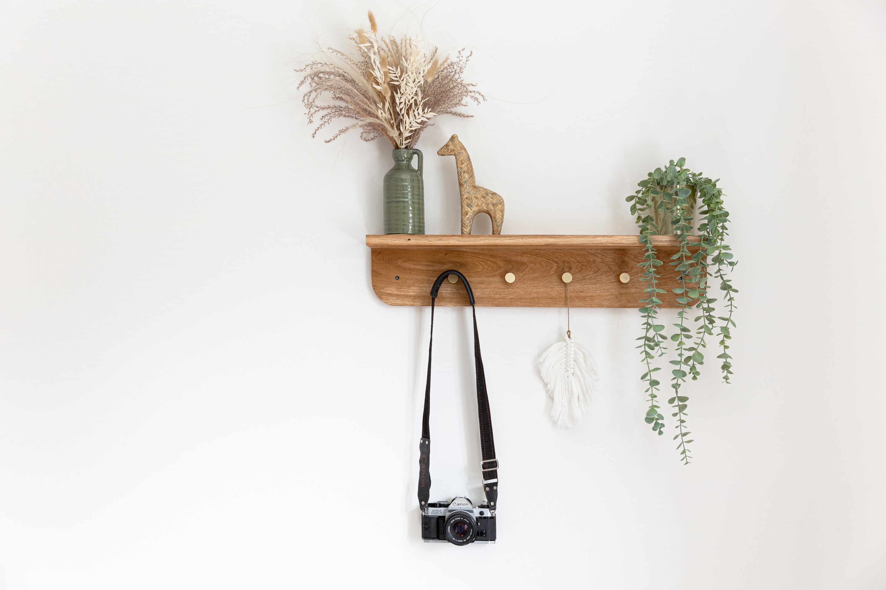 Oak Shelf Hanger / Wooden Shelf / Brass Hooks / Wall Display / - Etsy