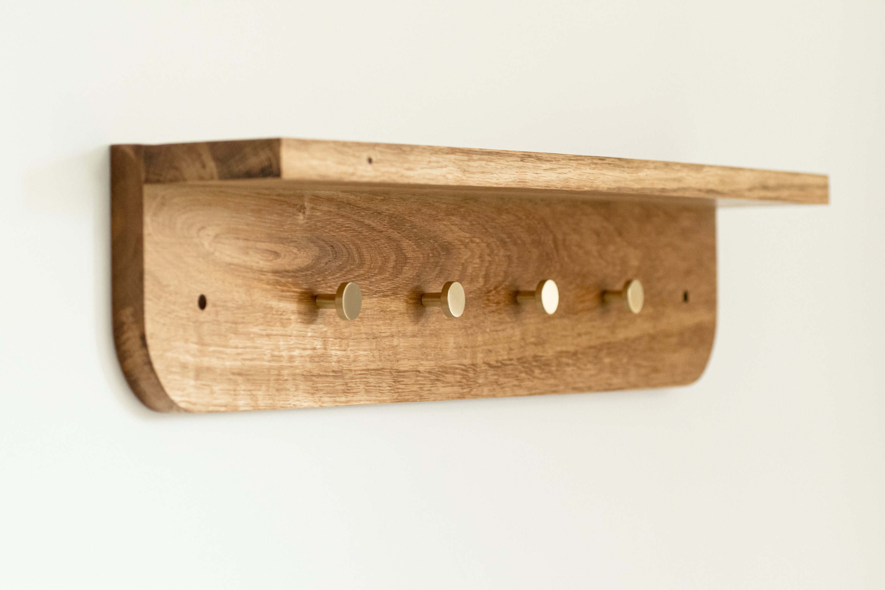 Oak Shelf Hanger / Wooden Shelf / Brass Hooks / Wall Display / - Etsy