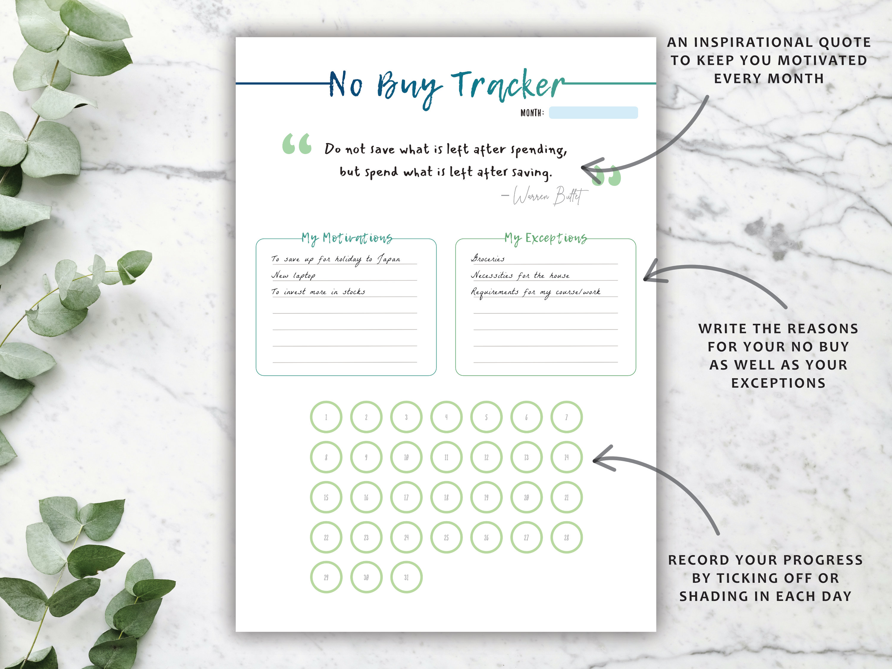 Printable No Buy Tracker No Spend/low Buy Monthly - Etsy