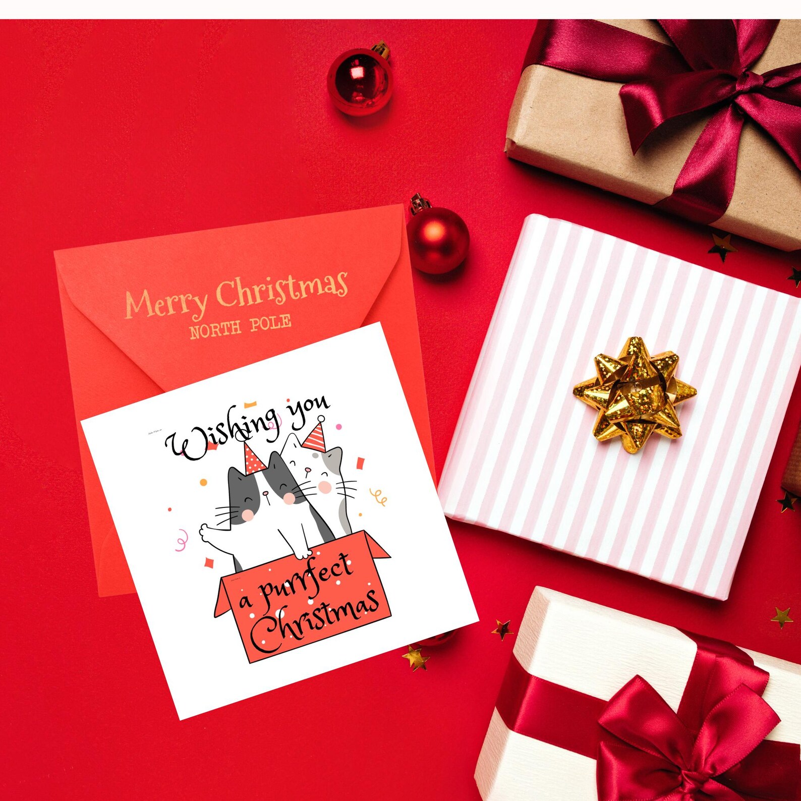Set of 3 Cat Themed Cute Christmas Cards, Cat Lover's Cards, Digital ...