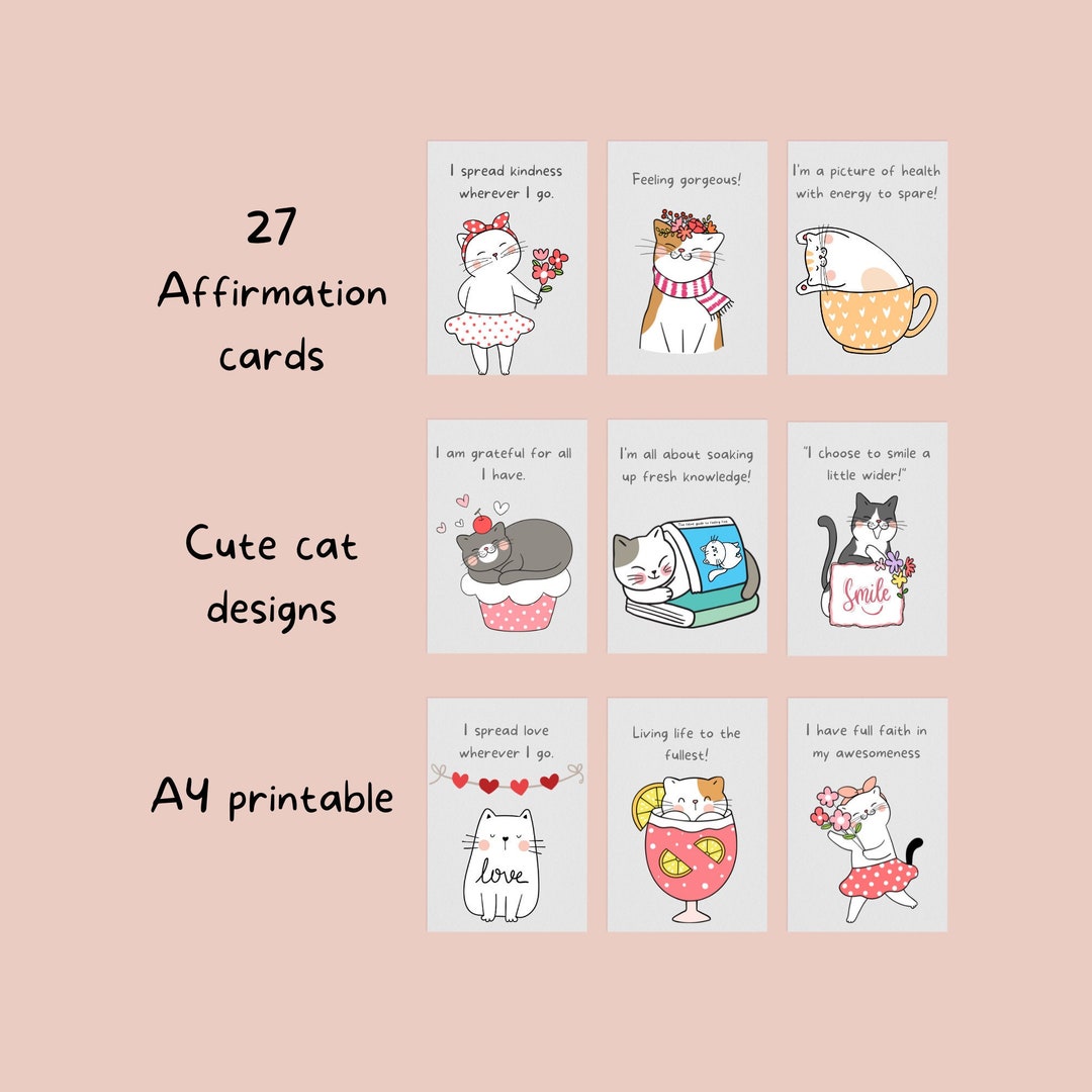 27 Cute Cat Design Affirmation Cards, Digital Download, Printable, Cat ...
