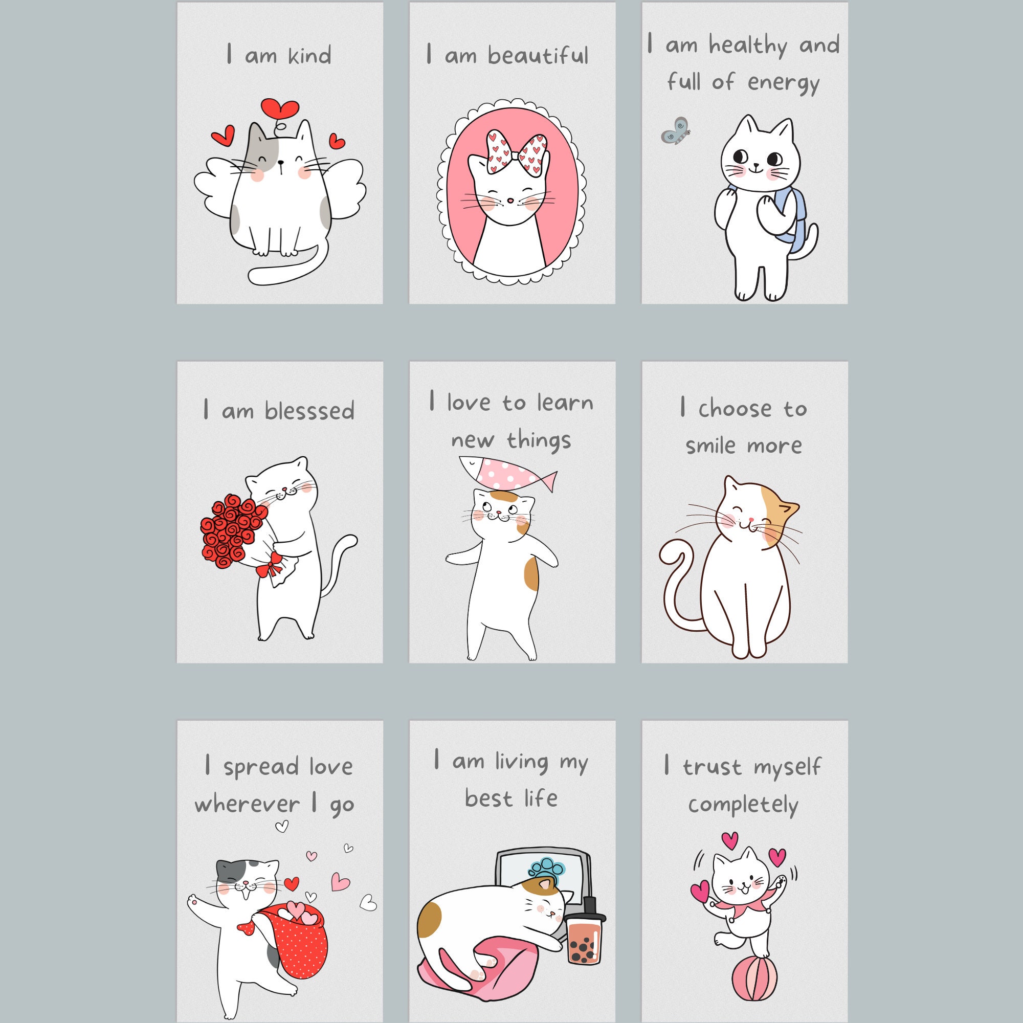 27 Cute Cat Design Affirmation Cards, Digital Download, Printable, Cat ...
