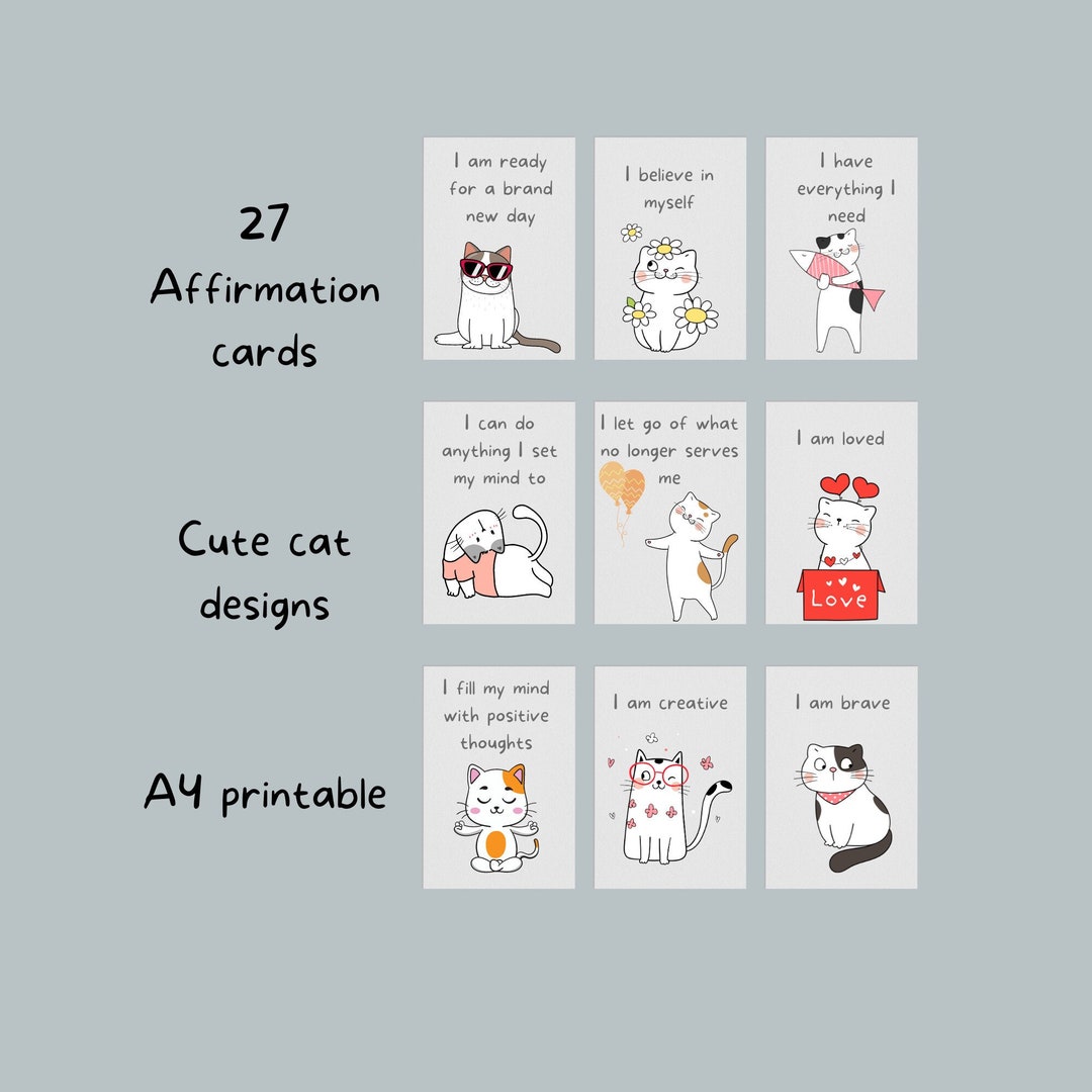 27 Cute Cat Design Affirmation Cards, Digital Download, Printable, Cat ...