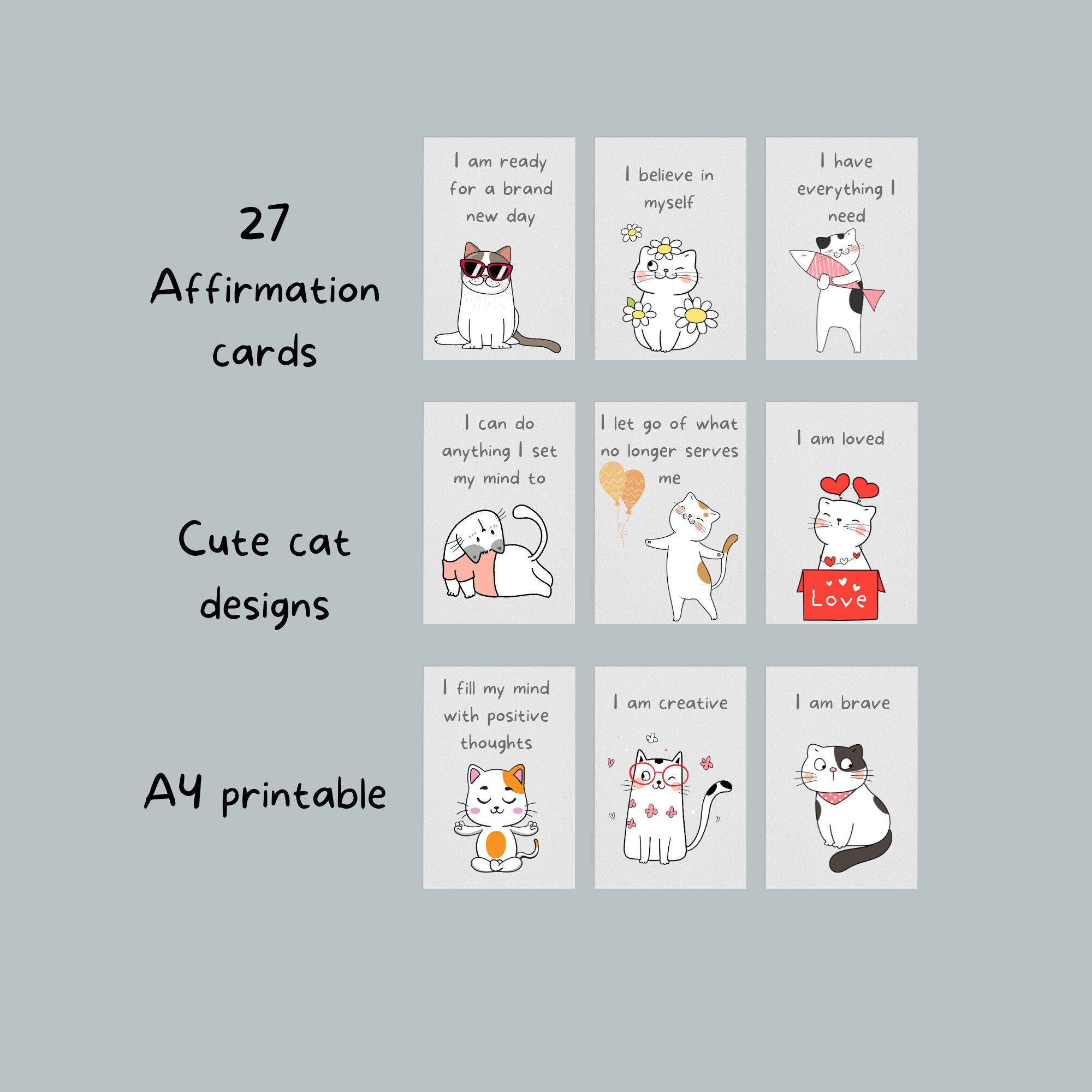27 Cute Cat Design Affirmation Cards, Digital Download, Printable, Cat ...