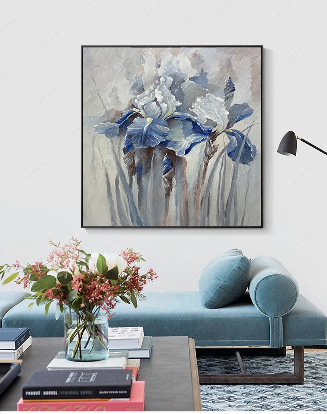 Blue Flower Oversized Painting Vertical Original Textured Modern Wall ...