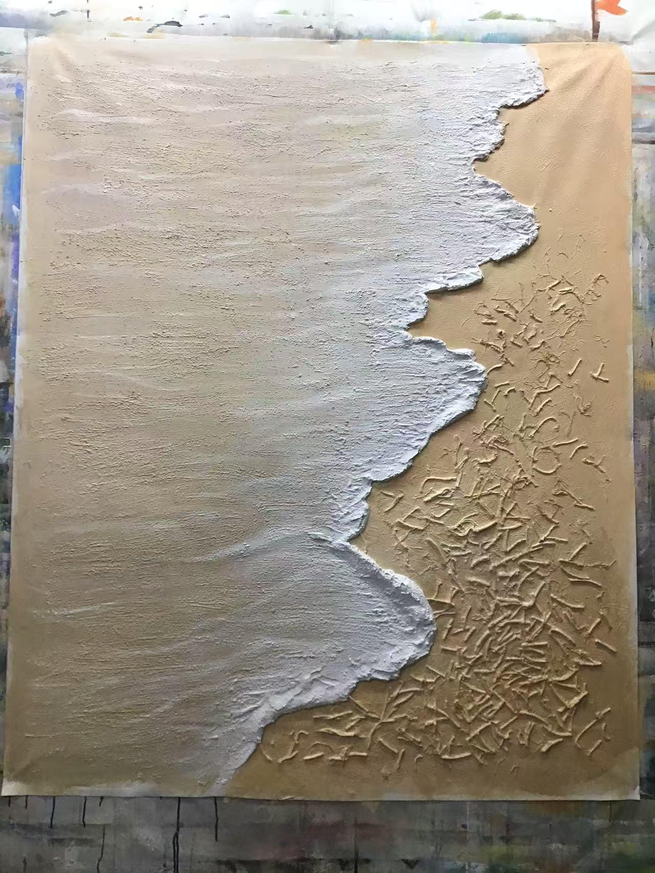 Abstract Textured Beach With Sea Waves Painting on Canvas, Vertical ...