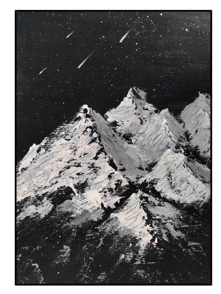 Black White Snow Mountain at Night Painting, Large Vertical Art Gift ...