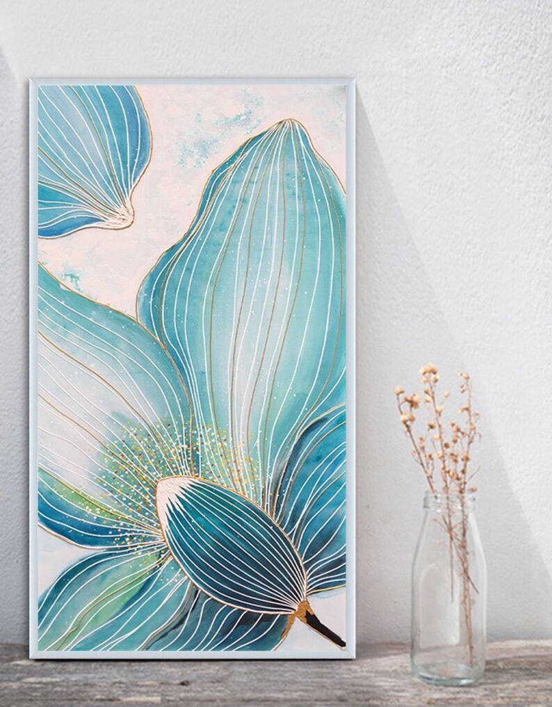 Modern Blue Flower Acrylic Painting Blue White Oversize - Etsy