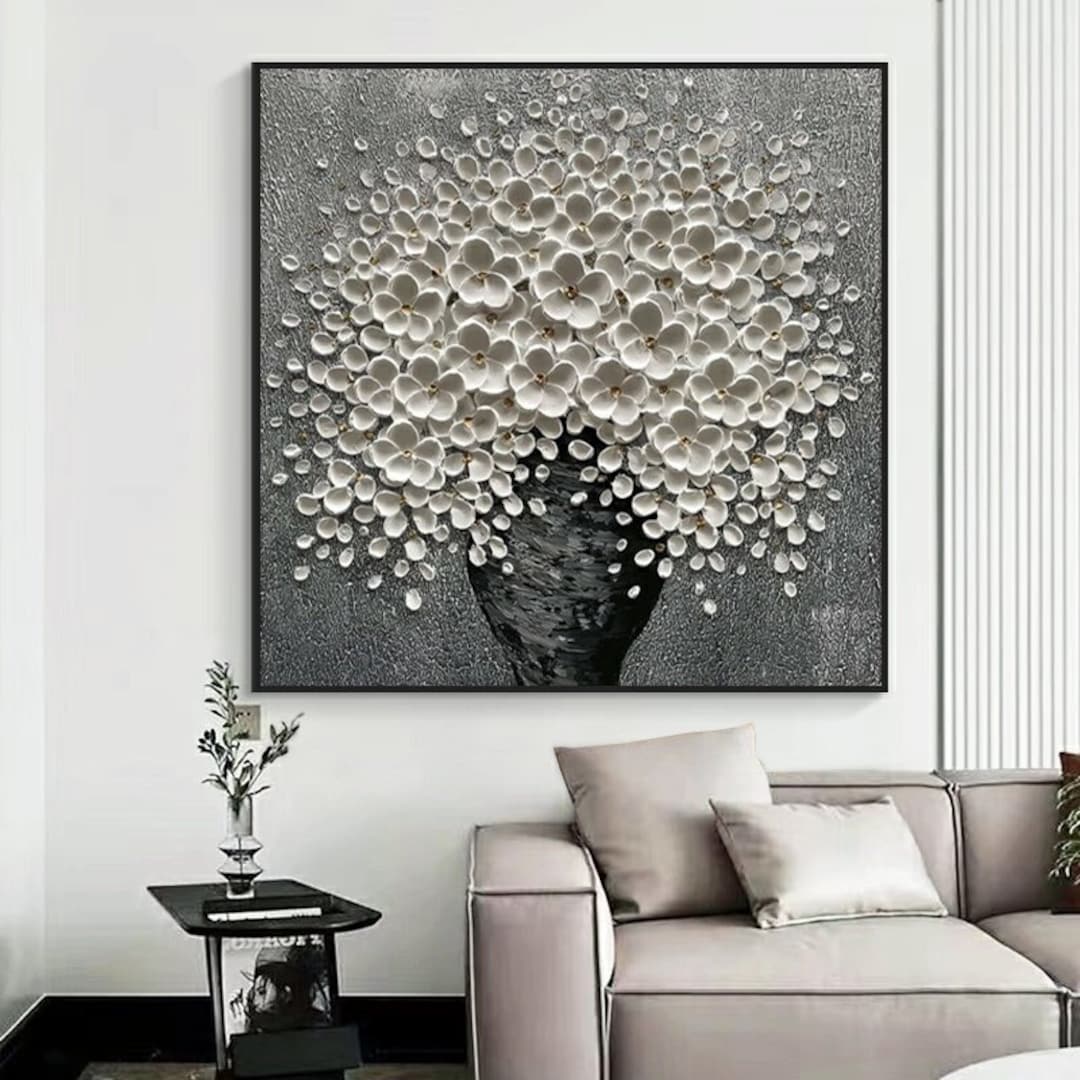 3D Square White Flower Black Grey Background Painting, Abstract Floral Wall Art, Oversized ...