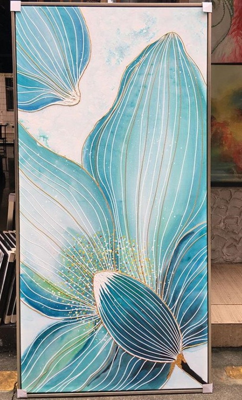 Modern Blue Flower Acrylic Painting Blue White Oversize - Etsy