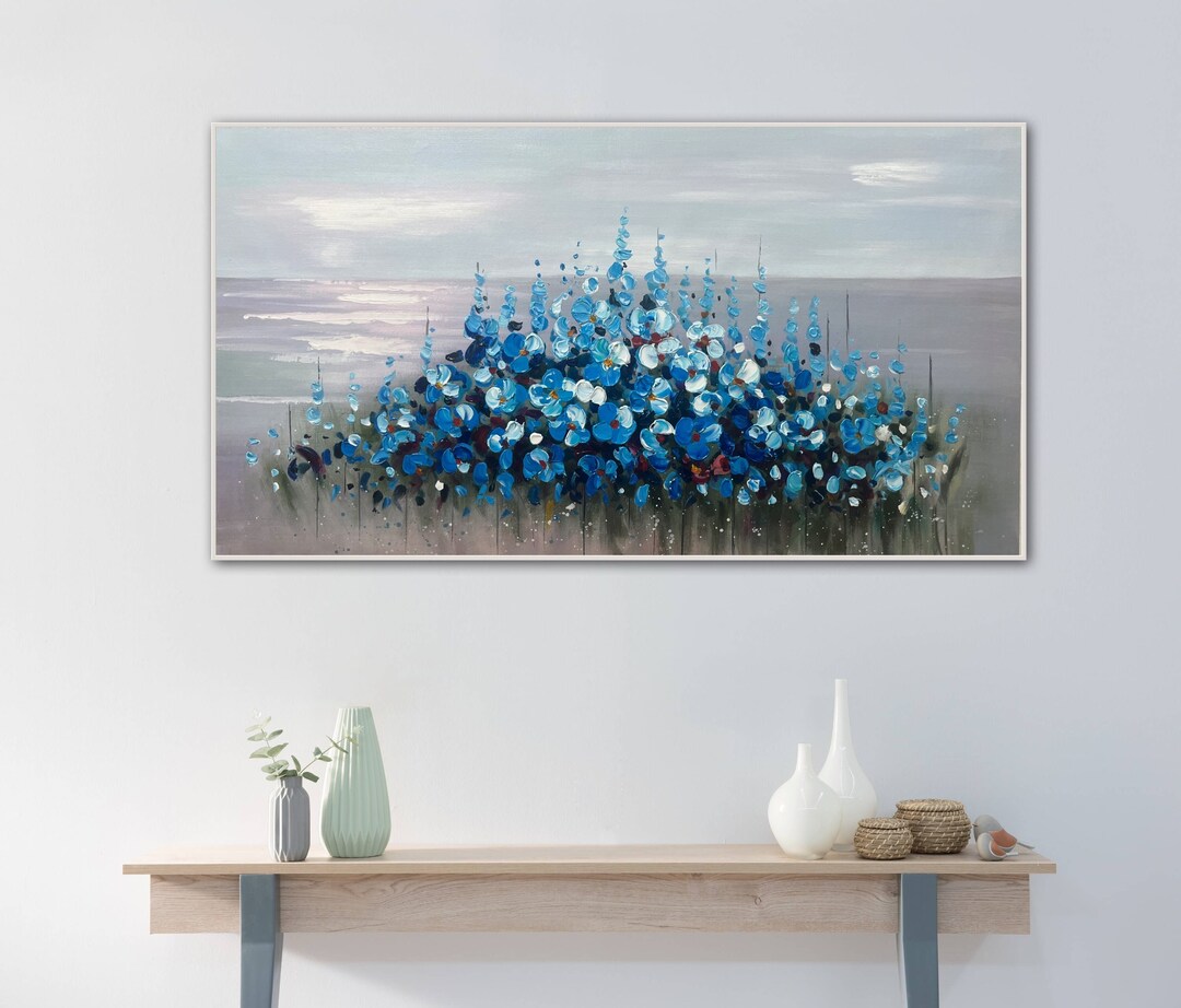 Extra Large Blue Flower Field Artwork, Hand-painted Landscape Painting ...