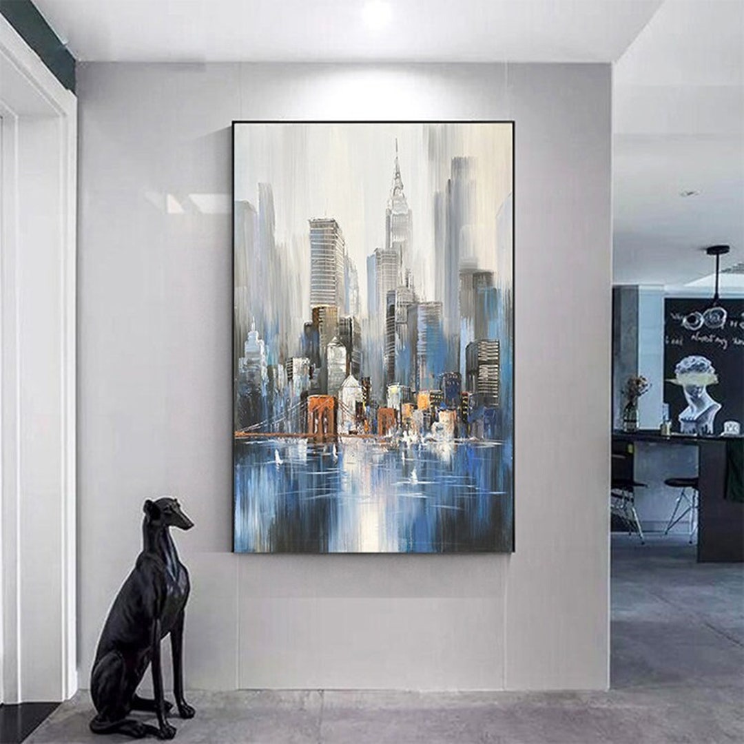 Cityscape Vertical Oversized Abstract Painting, Hand-painted Thick ...