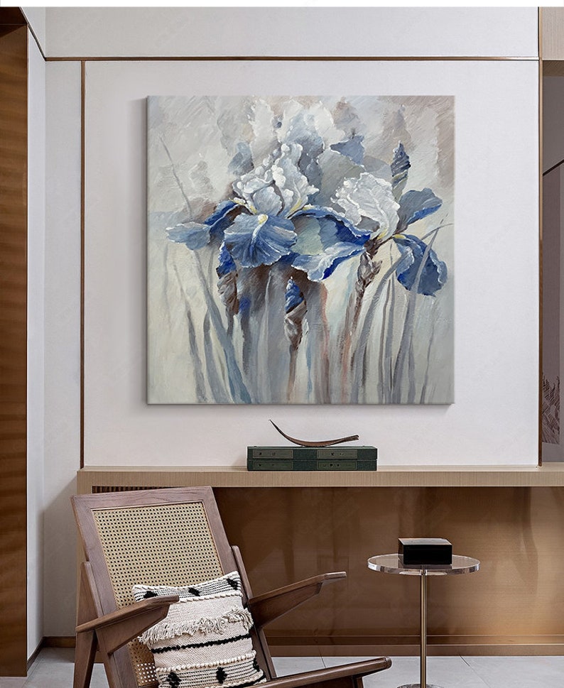 Blue Flower Oversized Painting Vertical Original Textured Modern Wall ...