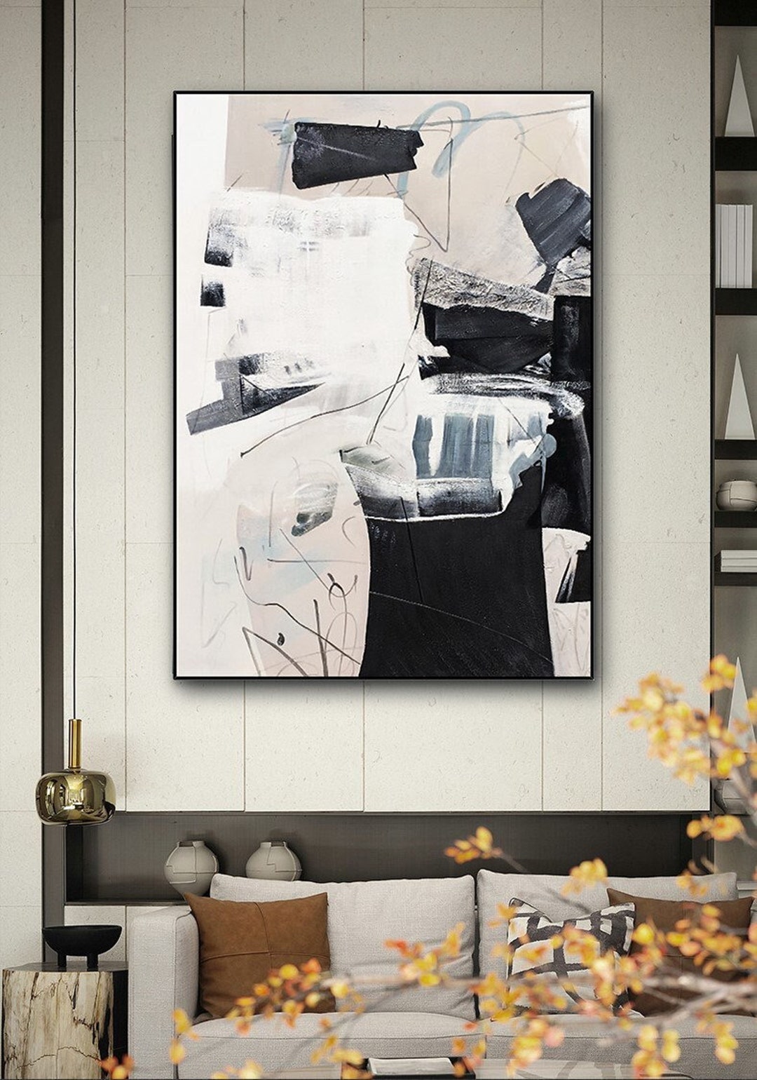Simple 3D Abstract Black and White Original Painting, Modern Oversize ...