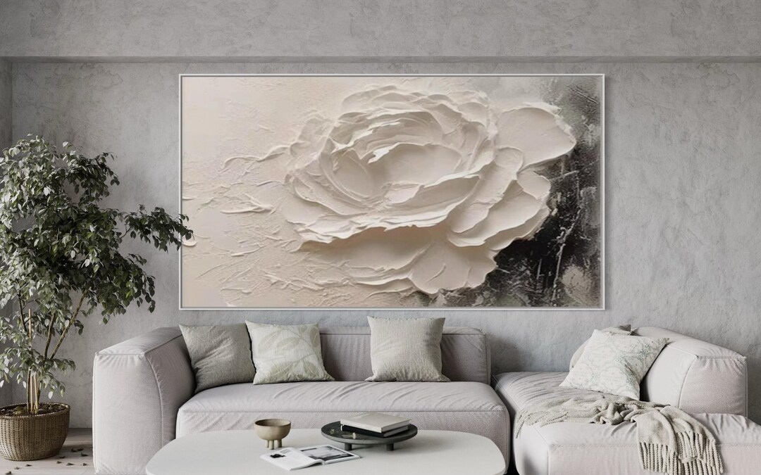 Abstract Horizontal Blooming White Rose Painting, Black White Acrylic ...