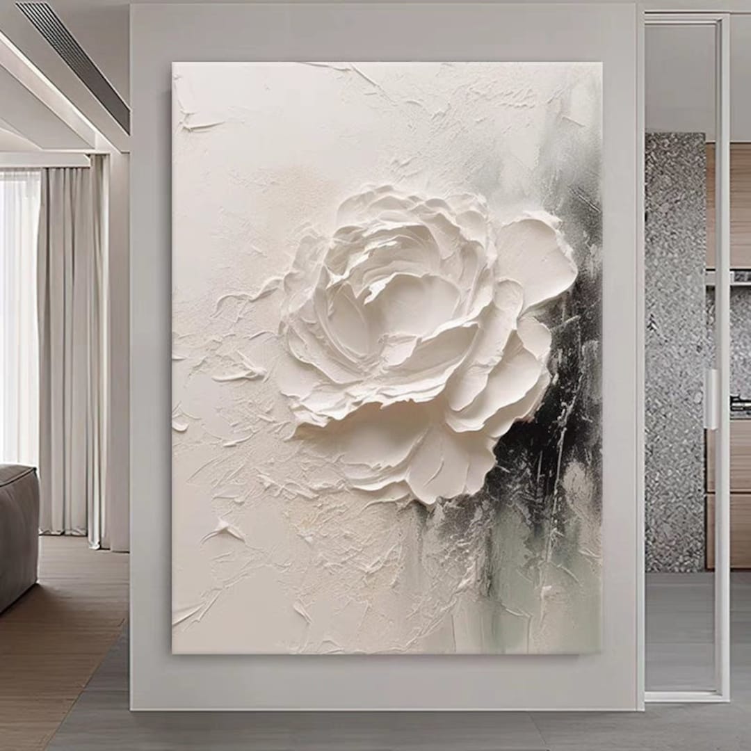 Abstract White Rose Flower, Black and White Acrylic Painting on Canvas ...