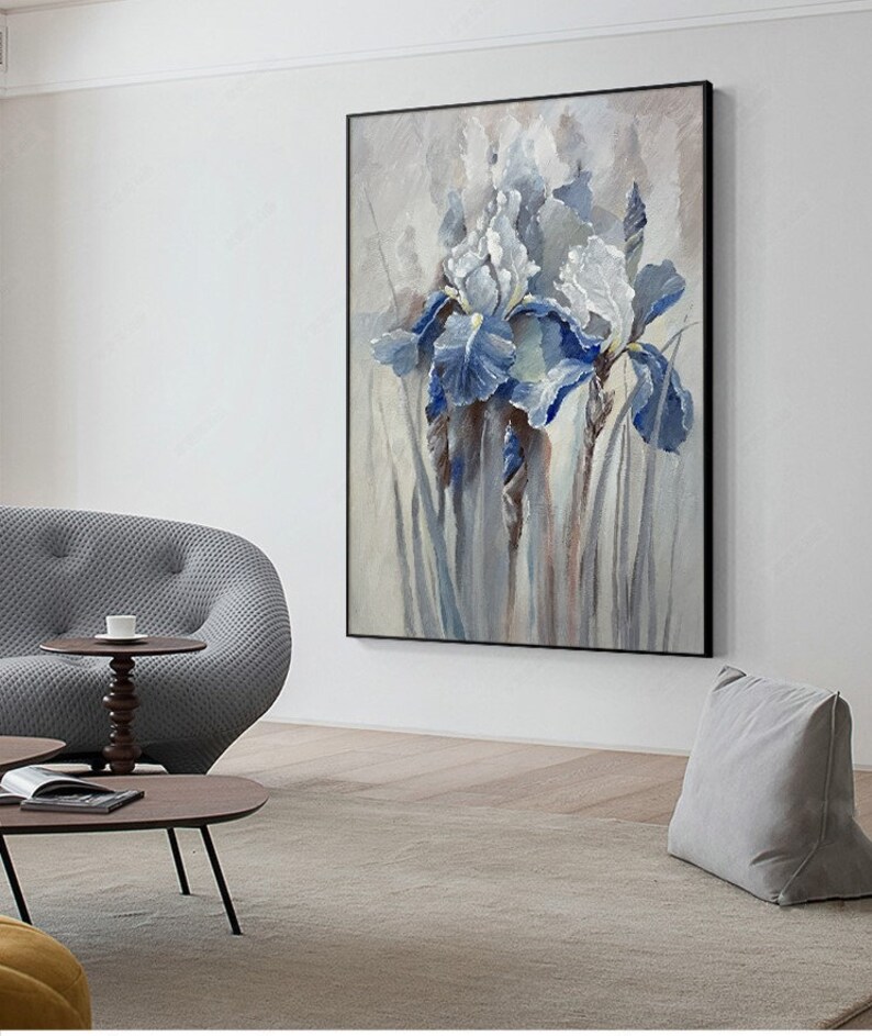 Blue Flower Oversized Painting Vertical Original Textured Modern Wall ...