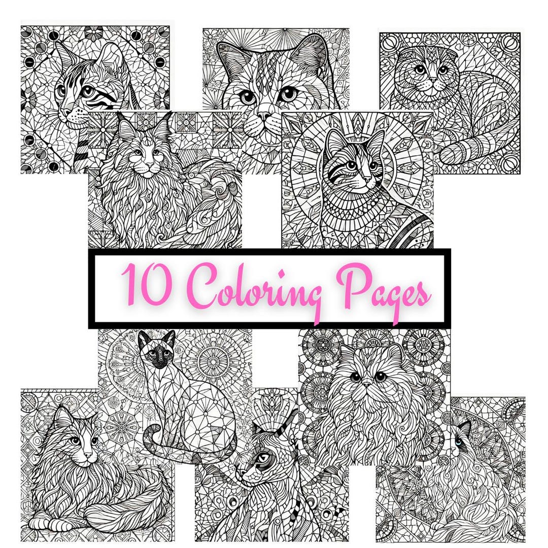 Mosaic Cat Coloring Pages Stained Glass Cat Coloring Book Printable Cat ...