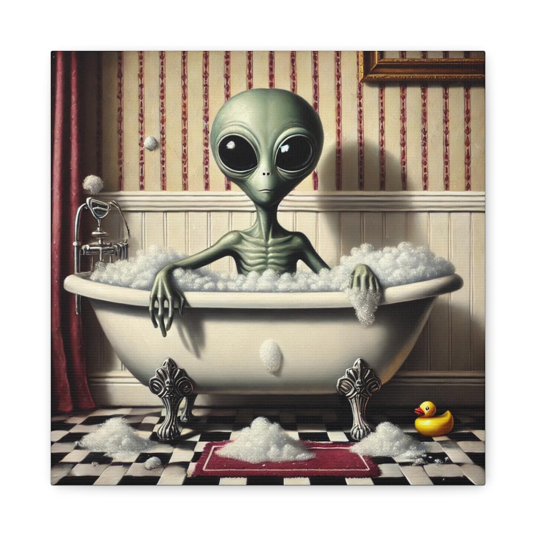 Alien Bath Time Canvas Art, Quirky Home Decor, Unique Gift for Sci-fi ...