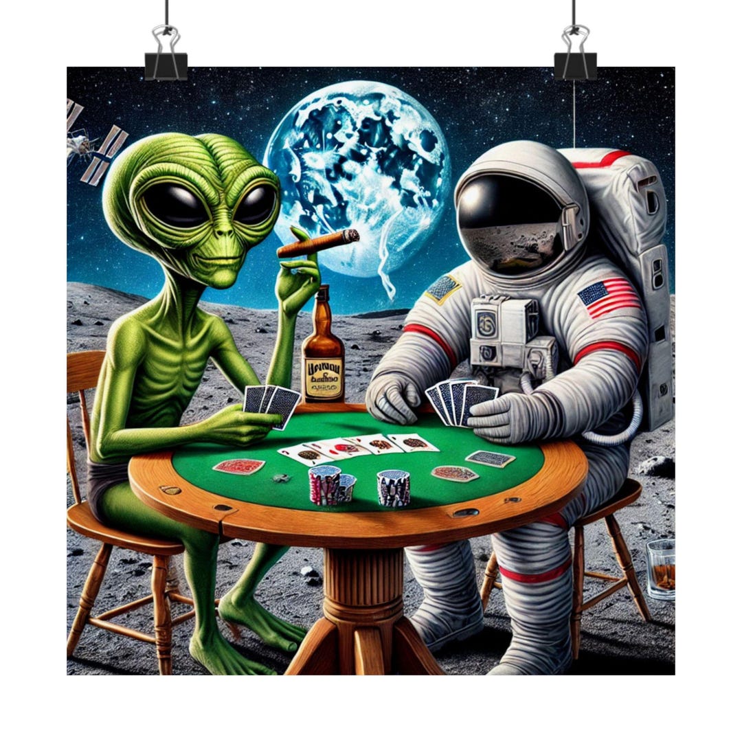 Cosmic Humor Poster - Alien and Astronaut Poker Party, Outer Space Art ...