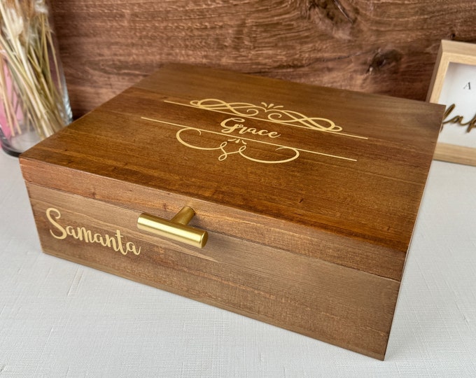 Personalized Wooden Jewelry Box, 2 Layers Vintage Jewellery Box, Birthday Gift for Her, Earring ...