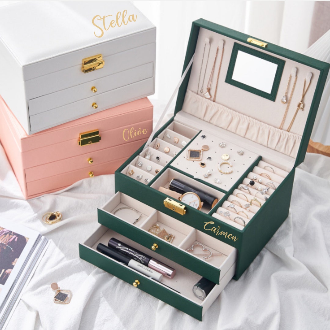 Large Jewelry Box for Women, Personalized Jewelry Organizer Box 3-layer ...