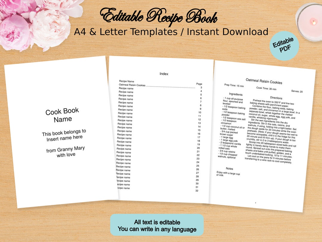 Editable Recipe Book, Easy to Use Template. Included Index Makes ...