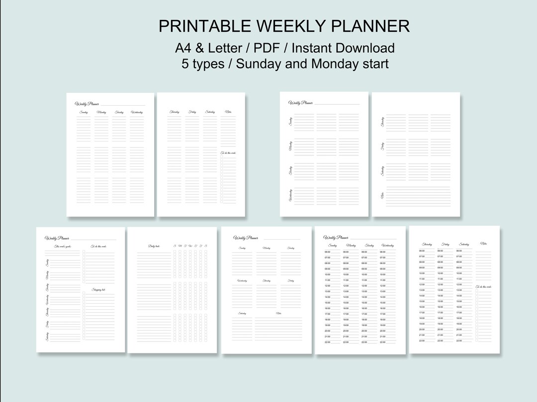 Printable Weekly Planner, 5 Types, Vertical, Horizontal, Daily, Hourly ...