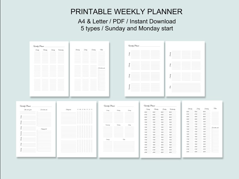 Printable Weekly Planner, 5 Types, Vertical, Horizontal, Daily, Hourly ...