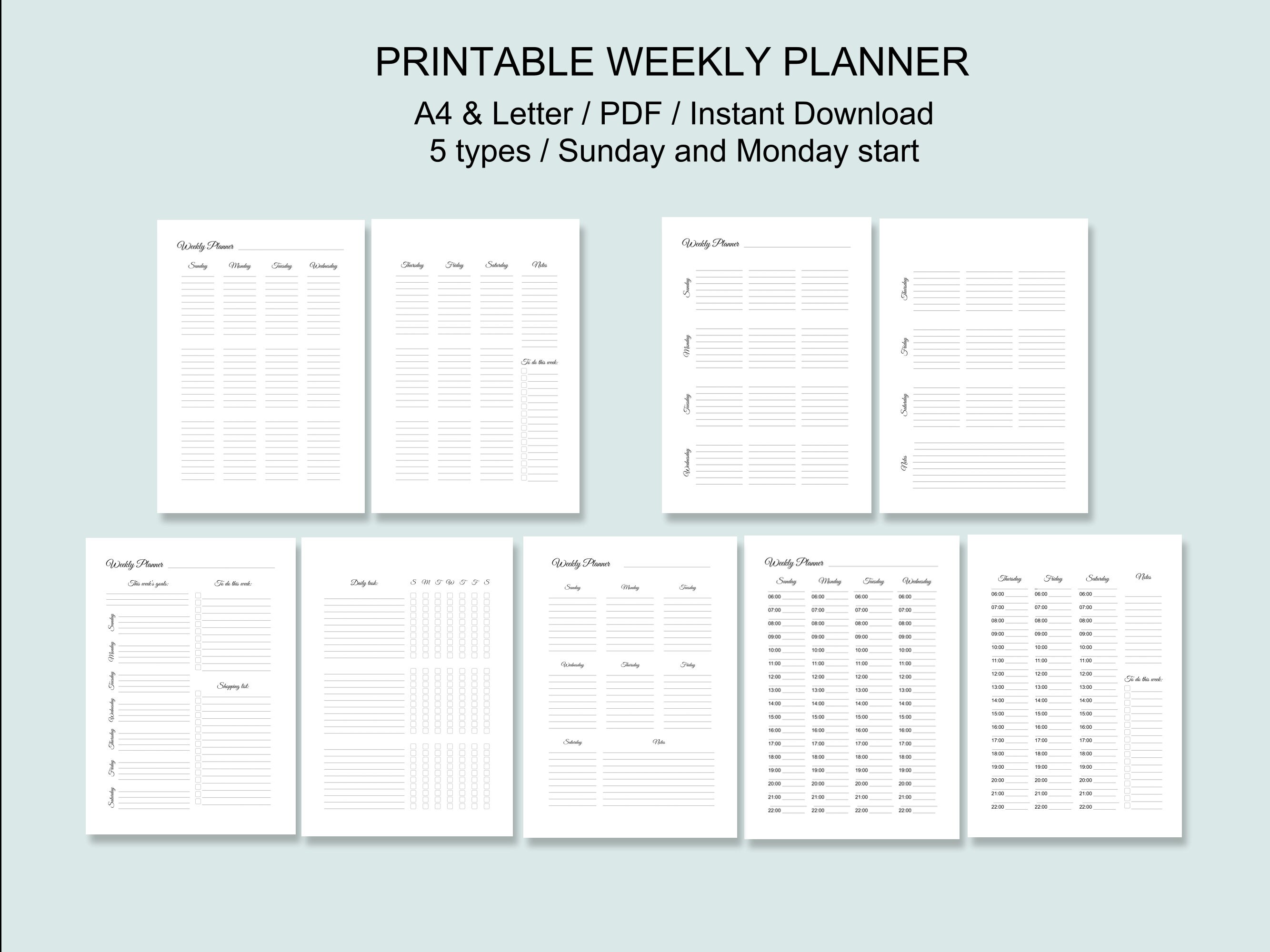 Printable Weekly Planner, 5 Types, Vertical, Horizontal, Daily, Hourly ...