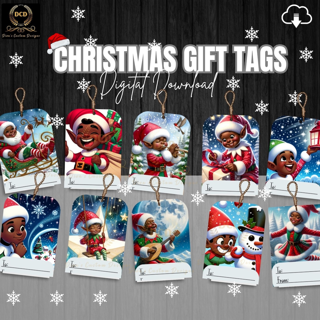 Melanin Christmas Elf Gift Tags, Festive Holiday PNG JPEG (digital ...
