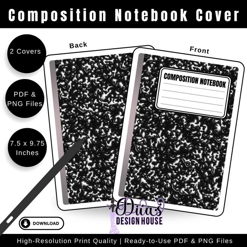 Black Marble Composition Notebook Cover | Printable PDF & PNG - Etsy