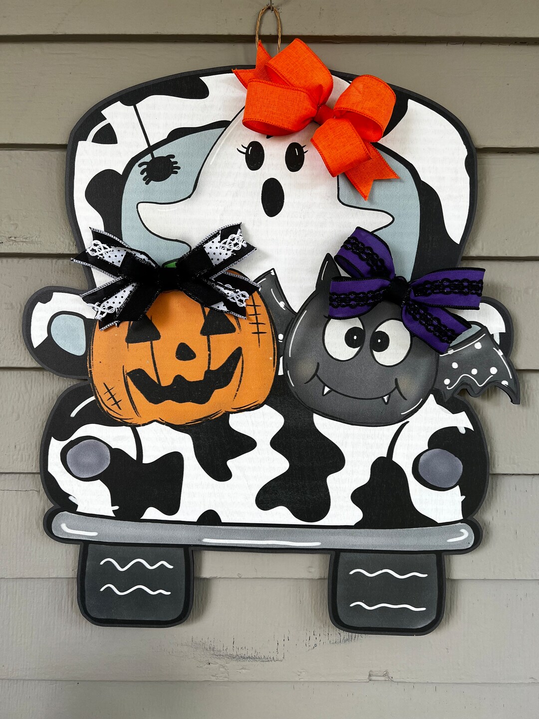Halloween Door Hanger of Ghost, Pumpkin and Bat in Cow Print Truck. All ...