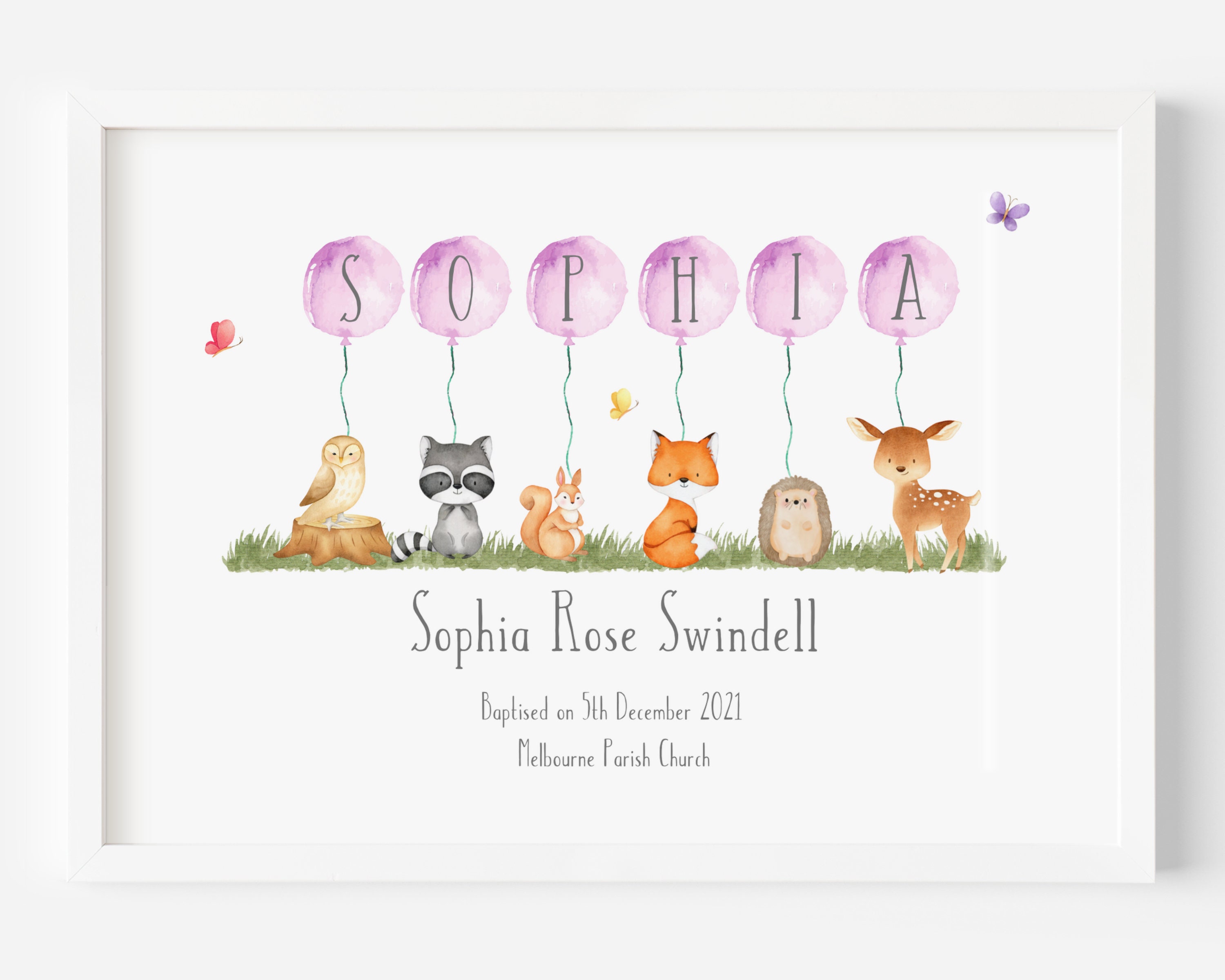 New Baby Personalised Name Print, Woodland Theme, Balloon Animal ...