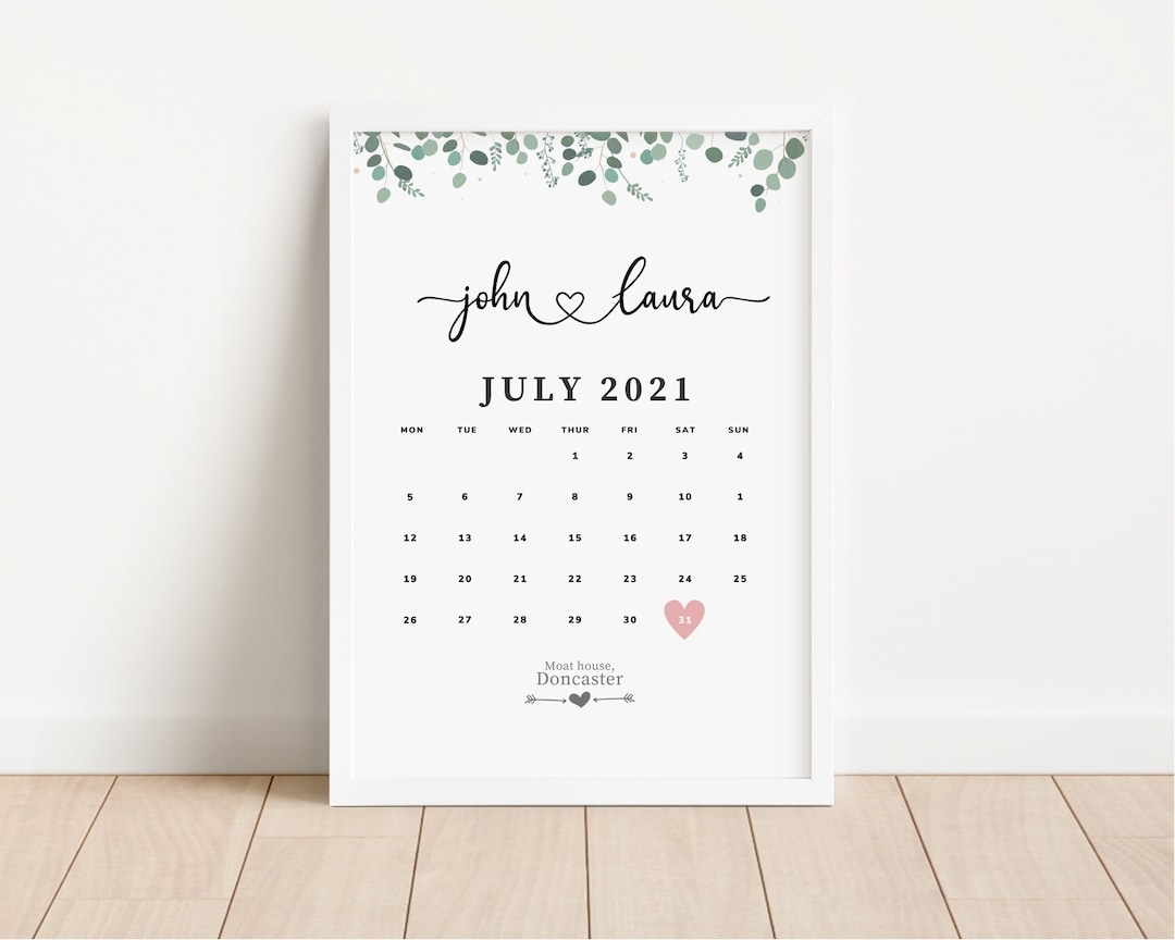Personalised Wedding Date Print, Wedding Calendar Wall Art, First ...